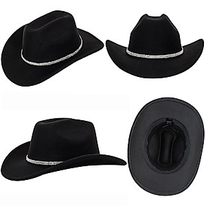 Women & Men Felt Western Cowboy Hat Classic Roll Up Brim Belt Buckle Cowgirl Fedoras (M-L)