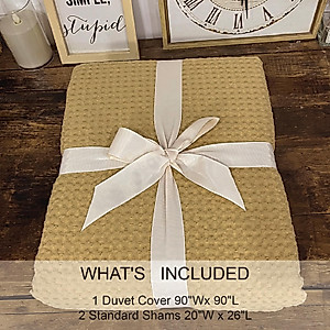 Fredesign Cotton Duvet Cover Queen Size - 100% Cotton Waffle Weave Yellow Duvet Cover Set, 3 Pieces, 1 Duvet Cover with Botton Closure (90" x 90") and 2 Pillow Shams - Comforter Not Included