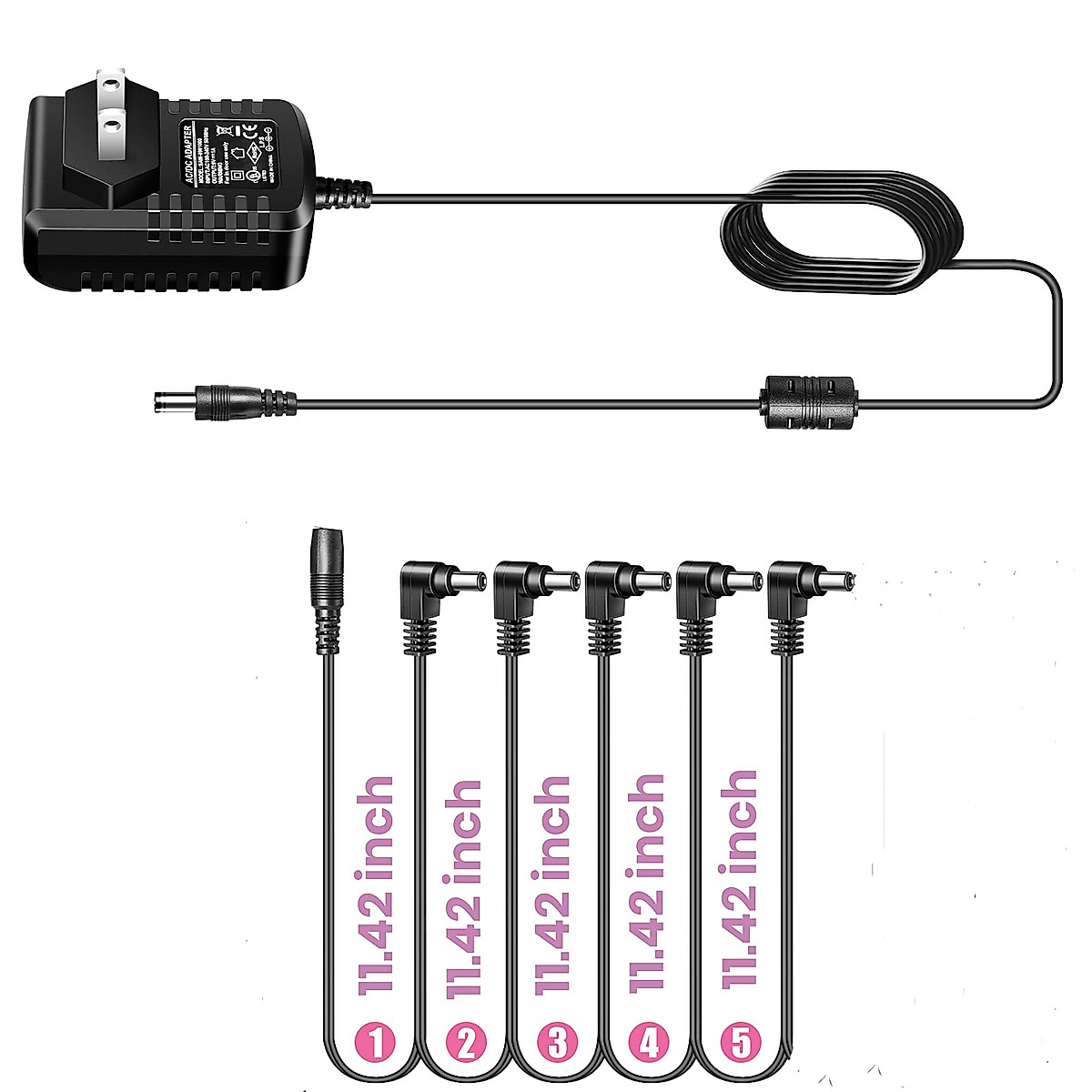 Pigtone Guitar Pedal Power Supply Adapter 9V DC 1A(1000mA) Tip Negative 5 Way Daisy Chain Cables for Effect Pedal