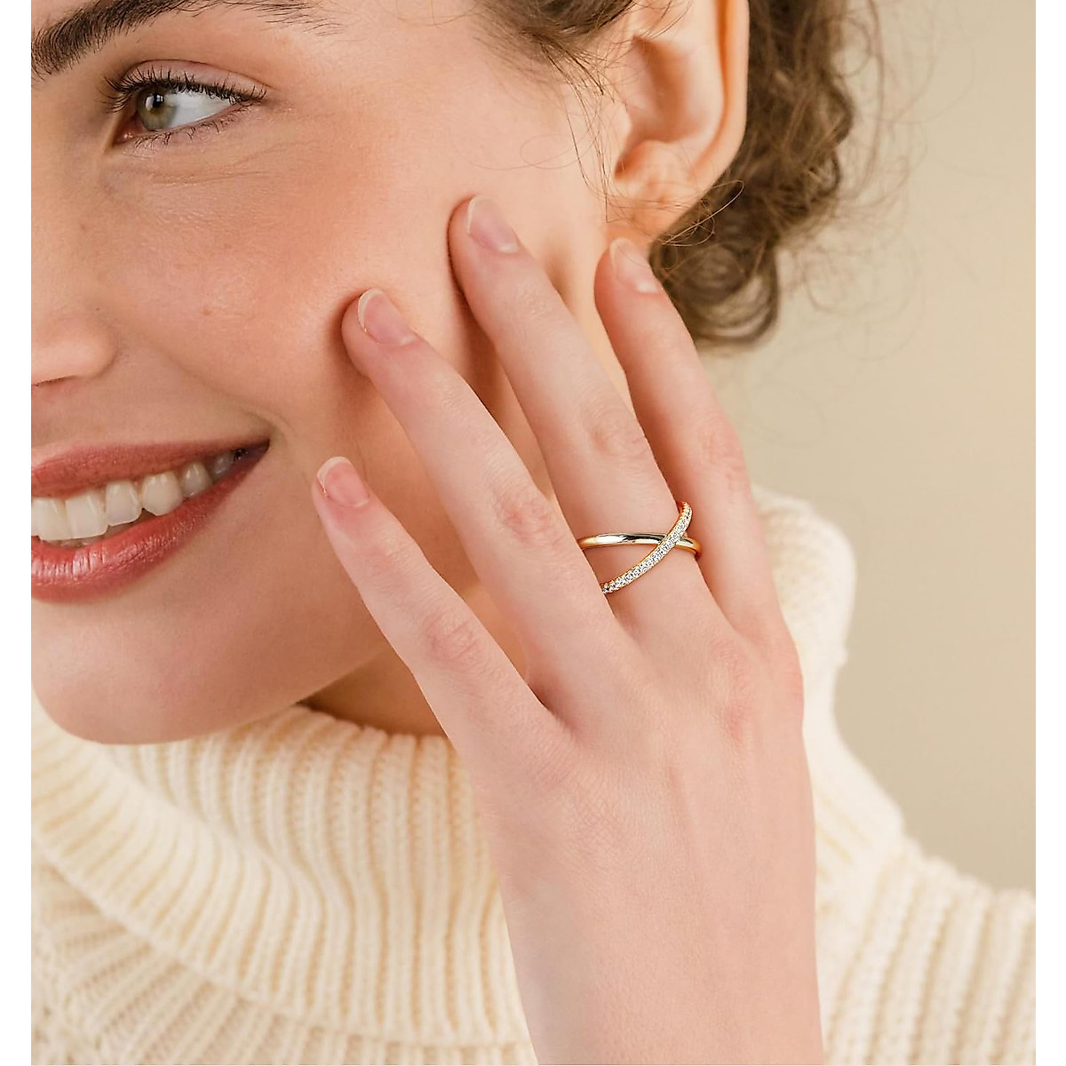 TIGRADE 14 K Gold Plated Stacking Ring X Shaped Criss Cross Ring CZ Pave Double Band Eternity Ring for Women, Gold, Size 6