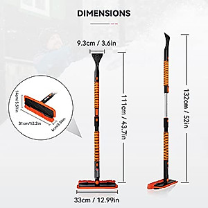 Andeman 52" Extendable Snow Brush and Ice Scraper Car Windshield, Foam Grip, 180° Pivoting Brush Head, Ice and Snow Remover for Cars Trucks RV SUV, House Window and Roof
