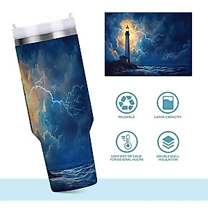 Jihqo Lightning Sea Lighthouse 40 oz Stainless Steel Vacuum Insulated Tumbler with Handle and Straw Lid, Leakproof Water Bottle Double Wall Travel Mug Coffee Cup, Cupholder Friendly