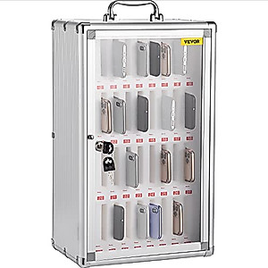 VEVOR 36 Slots Cell Phone Cabinet Silver Aluminum Alloy Pocket Chart Storage Locker Box w/Portable Handle, Key Lock & Handwritten Tags, Wall Mounted for Classroom, Office, Gym