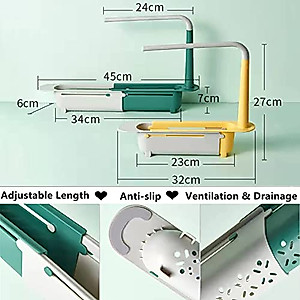 Upgraded Telescopic Sink Storage Rack, Adjustable Length 2-in-1 Sink Organizer Tray Sponge Soap Holder with Dishcloth Hanger, Expandable Storage Drain Basket for Home Kitchen (Blue)