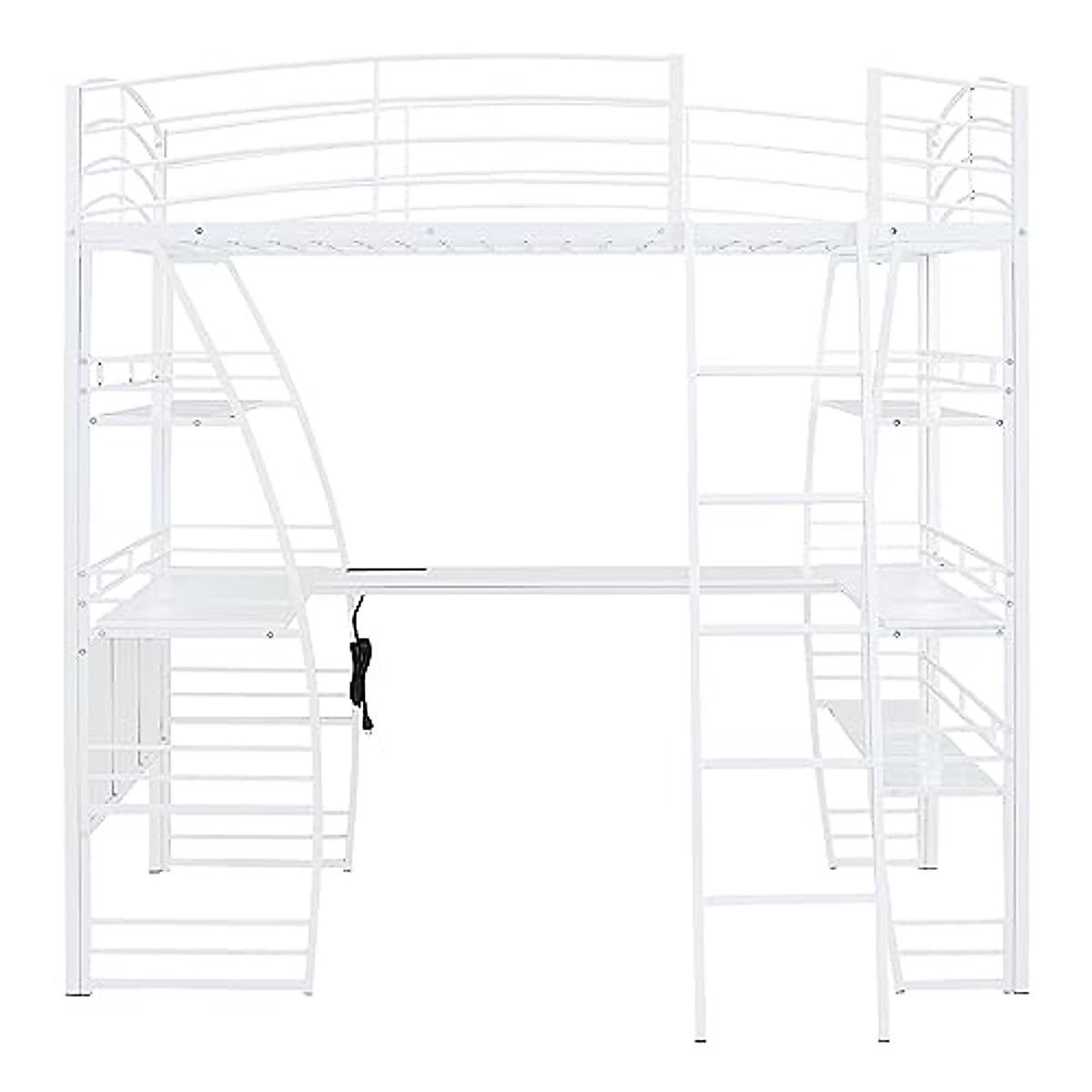 HAUSHECK Full Size Loft Bed with L-Shaped Desk & 4-Tier Open Shelves & Sockets & USB Ports & Wireless Charging Design, Sturdy Metal Bedframe w/Ladder & Safety Guardrails for Kids Teens Adults