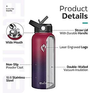 Elvira 32oz Vacuum Insulated Stainless Steel Water Bottle with Straw & Spout Lids, Double Wall Sweat-proof BPA Free to Keep Beverages Cold For 24Hrs or Hot For 12Hrs-Wine Red/Violet Gradient