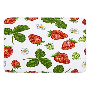 Fruit Indoor Doormat, Absorbent Floor Rug with Rubber Backing, Low-Profile Door Mats for Kitchen, Bedroom, Living Room Decor 18x30inch, Strawberry Red Green Leaves Blooming Flowers