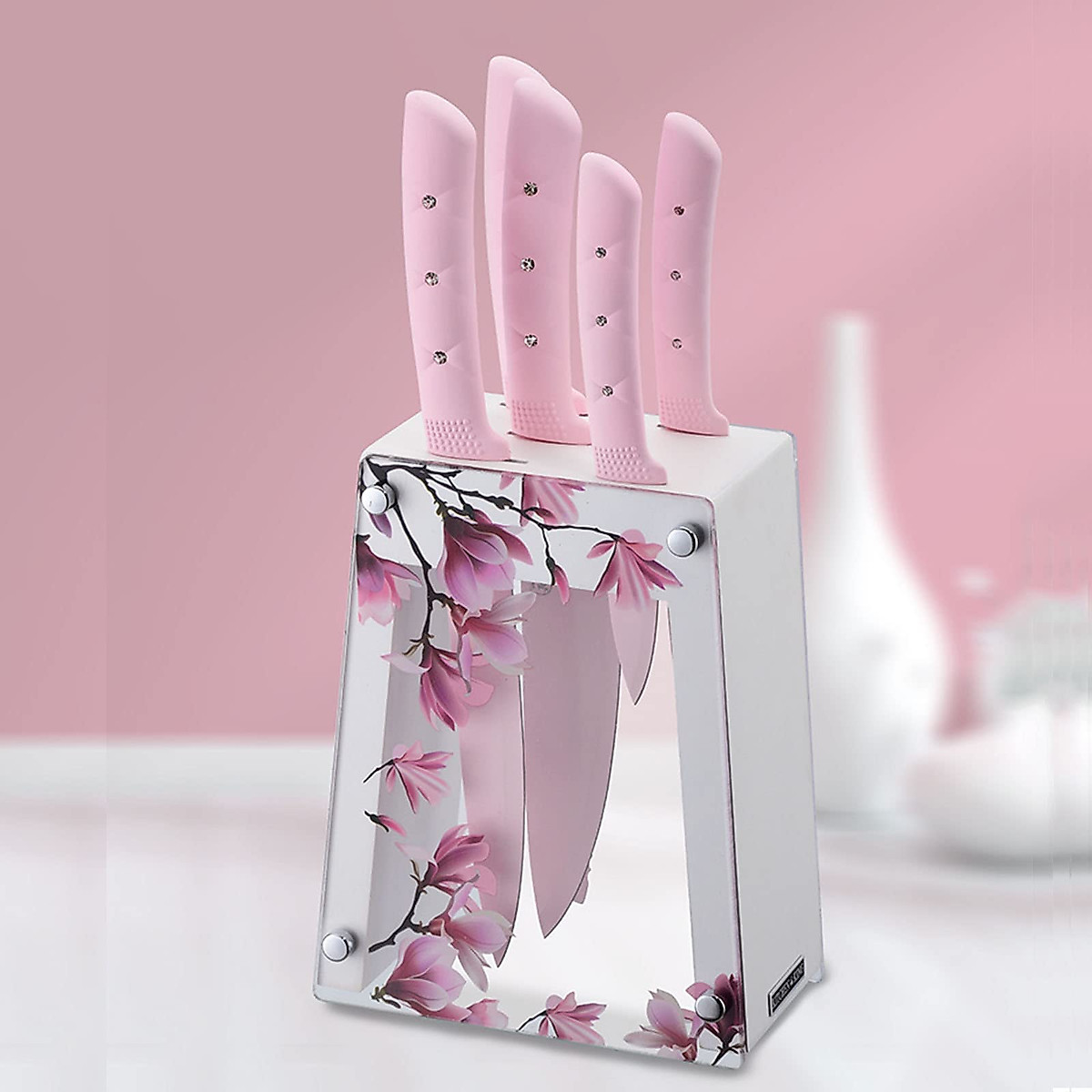 Chef Knife Set, 6 Pieces Stainless Steel Professional Kitchen Knife Set with Acrylic Stand for Cooking, Lightweight Strong Anti-Slip Pink Knives Set Kitchen Gifts for Women (Pink) One Size