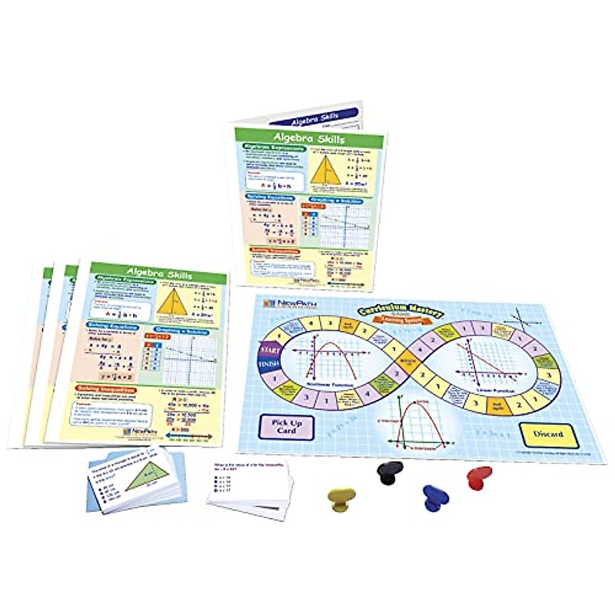 NewPath Learning 23-6980 Algebra Skills Learning Center Game (Grades 6-9) - Game Board, 30 Illustrated Game Cards and Four 4-Panel, Laminated “Write-On/Wipe-Off” Learning Guides