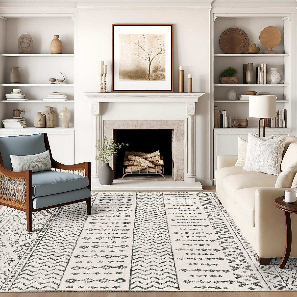 Art&Tuft 9x12 Area Rug, Super Soft Ultra-Thin Moroccan Washable Rug, Anti-Slip Backing Area Rugs 9x12 Living Room, Foldable Geometric Machine Washable Area Rug(9'x12', Ivory)