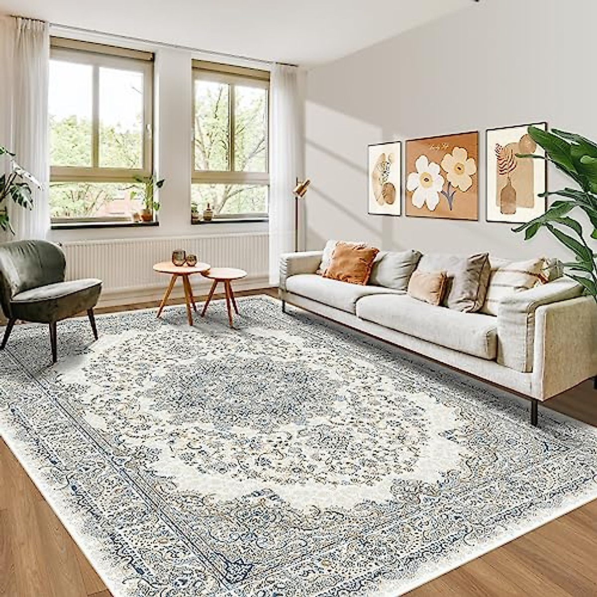 8x10 Area Rugs for Living Room: Large Machine Washable Area Rug with Non Slip Backing Neutral Farmhouse Rug Thin Floral Print Indoor Carpet for Under Dining Table Home Office Multi