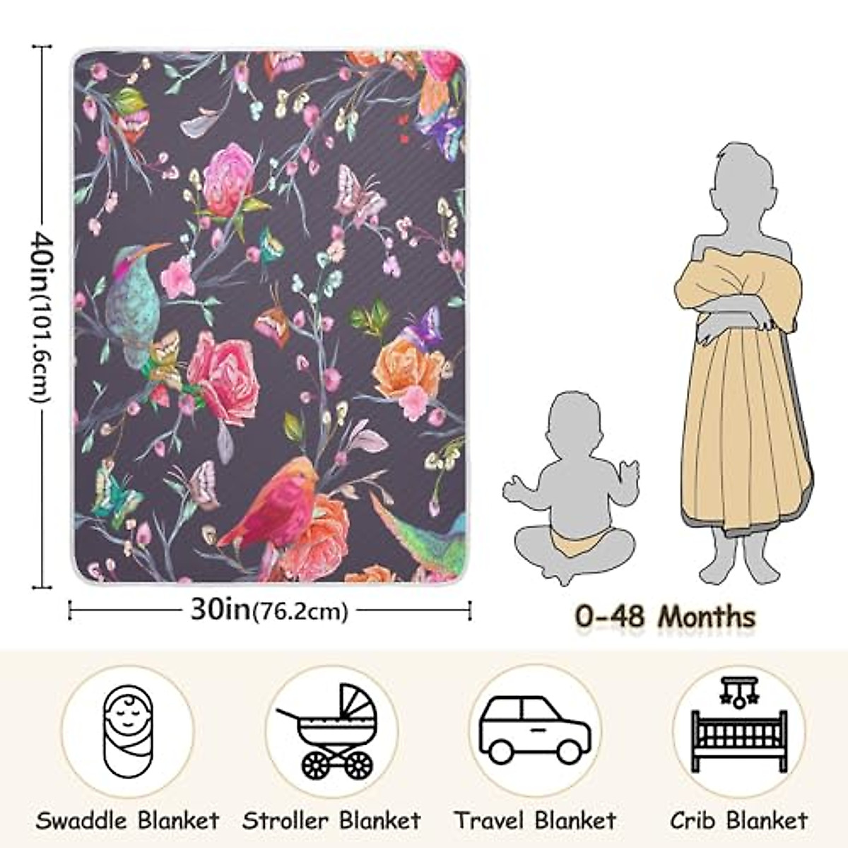 Kigai Floral Bird Pattern Baby Blanket for Boys Girls, Swaddle Blankets Soft Cozy Nursery Receiving Blankets Travel Blanket Throw Blankets for Toddler Newborn, 30 x 40 Inch