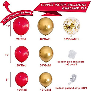 NISOCY Red Gold Confetti Balloons Garland Arch Kit, 120 PCS 12in 10in 5in Latex Metallic Gold Red Confetti Balloons for Birthday Wedding, Anniversary, Celebrations, Valentine's Day Party Decoratio
