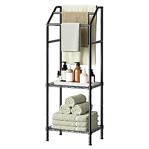 HOOBRO 47.8" Tall Freestanding Towel Rack for Bathroom, 3 Tier Stepped Blanket Rack with 2 Adjustable Shelves, Pool Towel Drying and Display Rack, Quilt Rack, for Living Room, Bedroom, Black BK25LB01