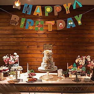 GLASNES Camping Birthday Party Decoration Kit Banner Cake Topper Happy Camper Party Decorations for Baby Shower Boys Girls Adults Kids Camping Theme Happy Birthday Banner