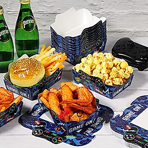 Funrous 50 Pcs Video Game Birthday Party Favors 2lb Disposable Paper Food Trays Snack Plates Gamer Birthday Party Decorations Supplies Gaming Food Boats Serving Trays for Nacho Hot Dogs Popcorn(Blue)