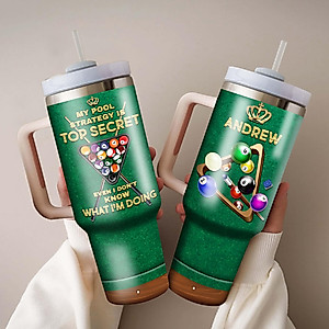 WAZONE Personalized Billiards Tumbler With Lid Custom Name Travel Coffee Mug Insulated Tumbler 40oz with Handle and Straw Novelty Saying Sports Themed Gift For Billiard Lovers Men Husband