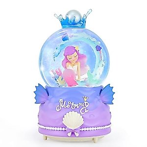 Snow Globe for Girls,100MM Mermaid Musical Snow Globes with Colorful Lights Automatic Snowflakes Christmas Birthday Gift for Age 5-12 Kids Granddaughter