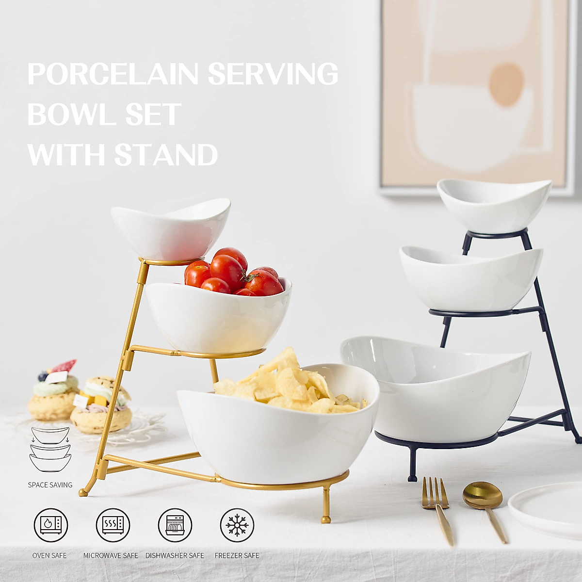 Gomakren 3 Tiered Oval Serving Bowl With Collapsible Metal Rack, Dessert Appetizer, Candy Chip Dip, Fruit, Vegetable Bowl Set, White Serving Dishes For Entertaining (Black)