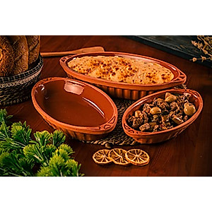 Luksyol Terracotta Oval Oven Tray (WH) With Handles, Pan for Mexican Indian Korean Dishes, Handmade Cookware, Glazed Clay Pot For Oven, Clay Pot For Cooking, Clay Pan For Cooking, Brown Oven Pot Set 3 Pcs