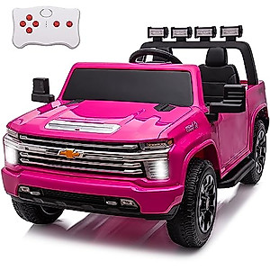 sopbost 24V 2-Seater Kids Ride On Truck with Remote Licensed Chevrolet Silverado - 4x4 High Performance EVA Tires Version (Hot Pink)