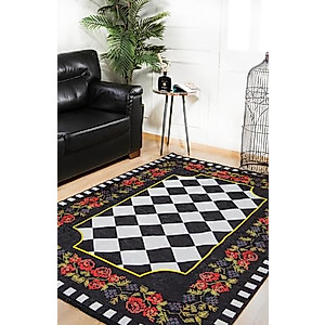 BESPOKY Noginsk Black Floral, Cotton Polyester Area Rug, Machine Washable Rug, Non Slip Rug, Living Room, Bedroom, Nursery, Hallway, Corridor, Rug, Indoor Outdoor Area Rug