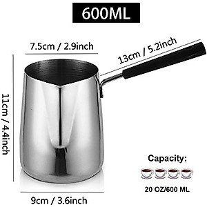 Turkish Coffee Pot, Stainless Steel Milk and Coffee Warmer, Ibrik Cezve Arabic Briki Coffee Pot, Chocolate and Butter Melting Pot with Heat Resistant Handle, 20 OZ, 600 ML