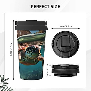 Reusable Coffee Mug with Lid and Handle, Palm Trees and Sea Turtles Diving Underwater Tumbler for Hot & Cold Drinks 16oz Stainless Steel Insulated Coffee Tumblers Double Wall Vacuum Thermal Cup