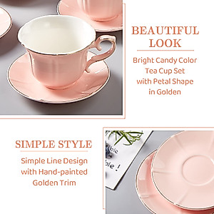 DUJUST Tea Cups and Saucers Set of 4 (8 OZ), Candy Pink Tea Cup Set with Golden Trim, Petal Edge Coffee Cups with Metal Stand, Simple Style Porcelain Tea Party Set - Pink