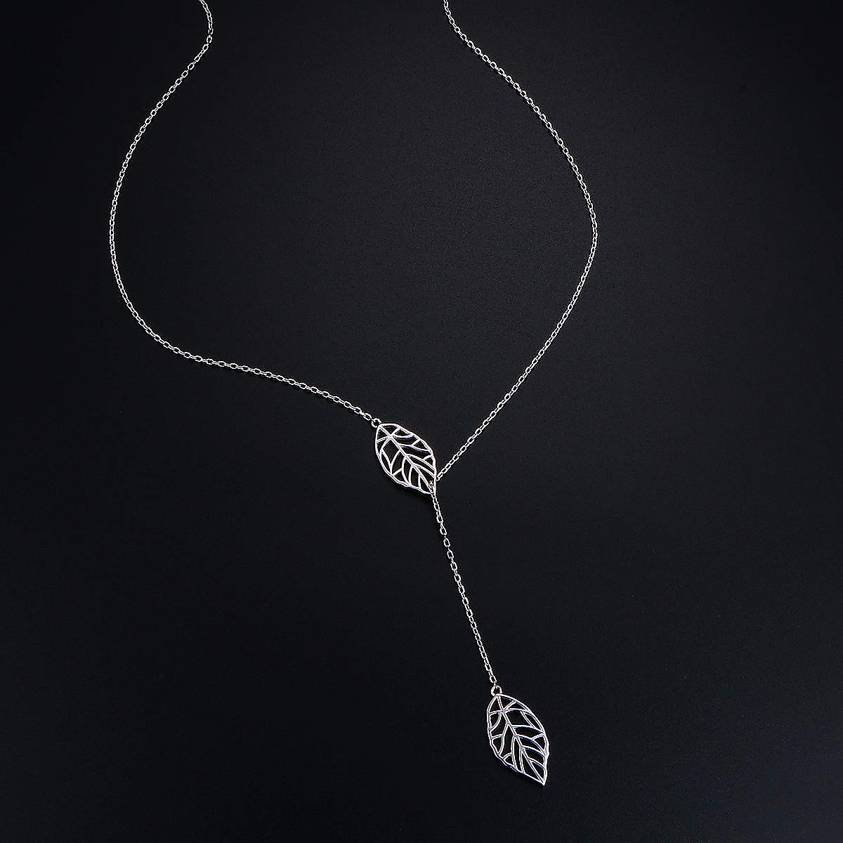 DAOCHONG Long Necklace Sterling Silver Leaf Larait Bar Y Lariat Long Chain Drop Adjustable Necklace for Her, 30"