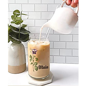 Personalized Birth Flower Glass Tumbler, Jar Cup with Bamboo Lid & Plastic Straw, 16 oz, Bridesmaids, Bachelorette Gifts, Gifts for Mom, Flower Design Tumbler, Iced Coffee Glass - Colorful