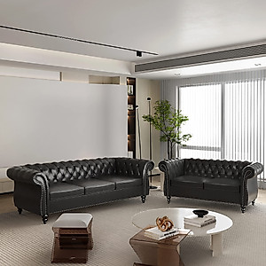 AVZEAR 2-Piece Living Room Sectional Sofa Set, Upholstered Sofa Modern Sofa Couches Set Style Button Tufted, PU Chesterfield Sofa for Living Room Apartment, 2+3 Seat PU Black