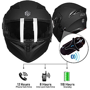 ILM Bluetooth Motorcycle Helmet Modular Flip up Full Face Dual Visor Mp3 Intercom FM Radio DOT Model 902BT(Matte Black, Large)