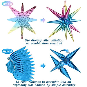 Moukiween 6 Pcs Explosion Star Foil Balloons- 12 Point Star Balloons,Multicolor Starburst Cone Mylar Balloons Spike Balloons for Party Supplies Christmas Birthday Wedding Baby Shower Photo Booth