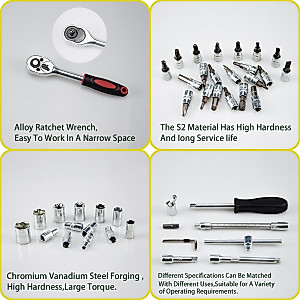 YZMLOL Ratchet Wrench Set and Drive Socket Set，46 Pieces 1/4 inch Drive Socket Ratchet Wrench Set,Includes Metric Bit Socket Set and Extension Bar for Auto/Motorcycle Repairing and Household.