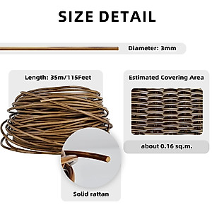 Feyart 35m/115ft 3mm Round Plastic Wicker in Wood Color, Brown Rattan for Repairing Patio Chair Woven Sofa
