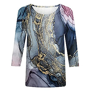 Dress Shirts for Women Cute 3/4 Sleeve t-Shirt Shirts Casual Summer 2023 Trendy Basic Tee Tops Marble Print Graphic Blouse