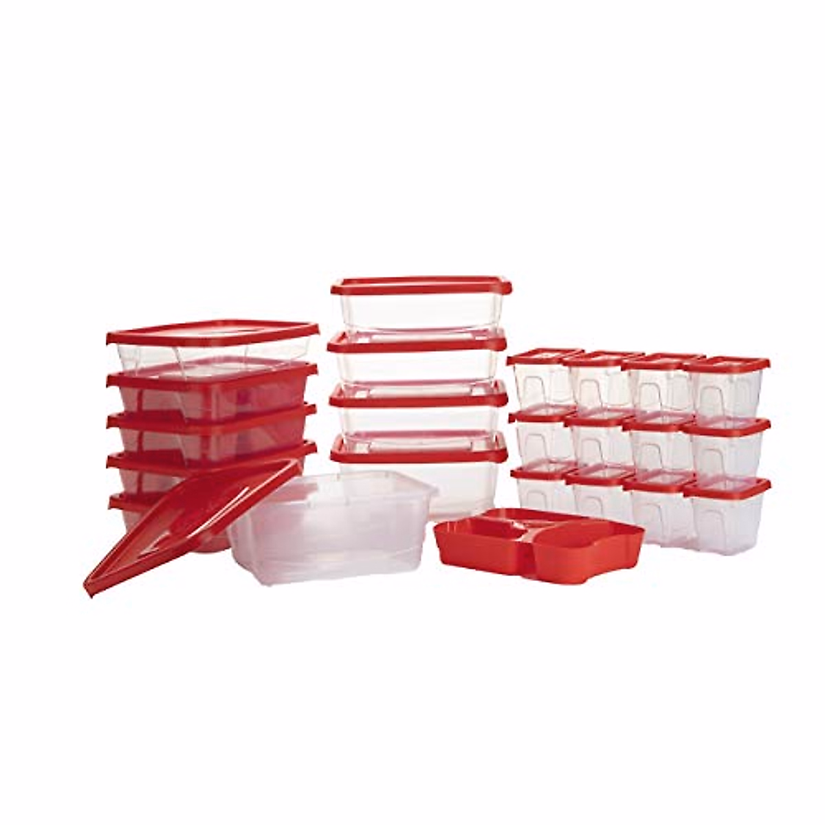 Mind Reader Meal Prep Food Storage Plastic Containers with Lids, Removable Compartment Sectionals Set of 22 (49 pcs, 98.5 cups total), Red