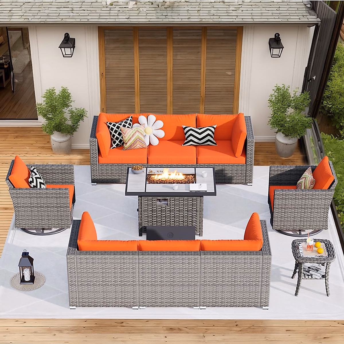 HOOOWOOO Outdoor Patio Furniture Set,10 Pieces Outdoor Sectional Furniture,Wicker Patio Conversation Sets with Fire Tables Swivel Rocking Chairs,Outside Out Door Modular Furniture,Orange Red