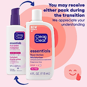 Clean & Clear Essentials Dual Action Oil-Free Facial Moisturizer, Salicylic Acid Acne Treatment with Pro-Vitamin B5 Moisturizes While Treating Acne & Helping to Prevent Pimples, 4 fl. Oz (Pack of 3)