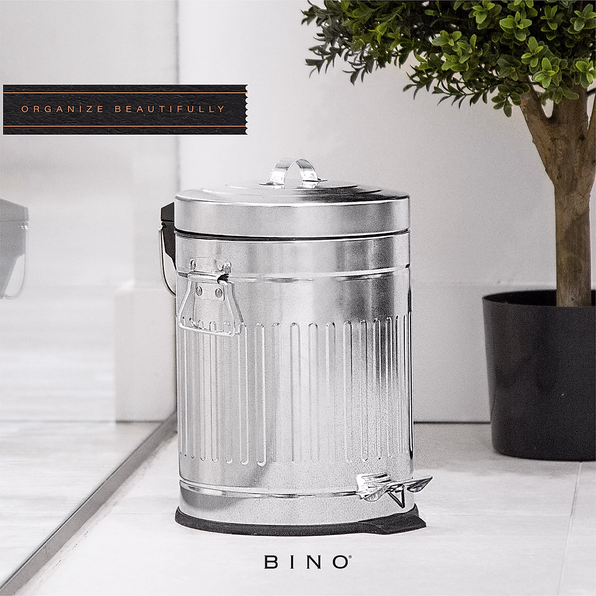 BINO Round Step Trash Can | Home or Office Bathroom Trash Cans with Lids | Kitchen Garbage Can with Non-Slip Stepper | Stainless Steel Small Trash Can with Lid | Galvanized Steel (1.3 Gallon/5 Liter)
