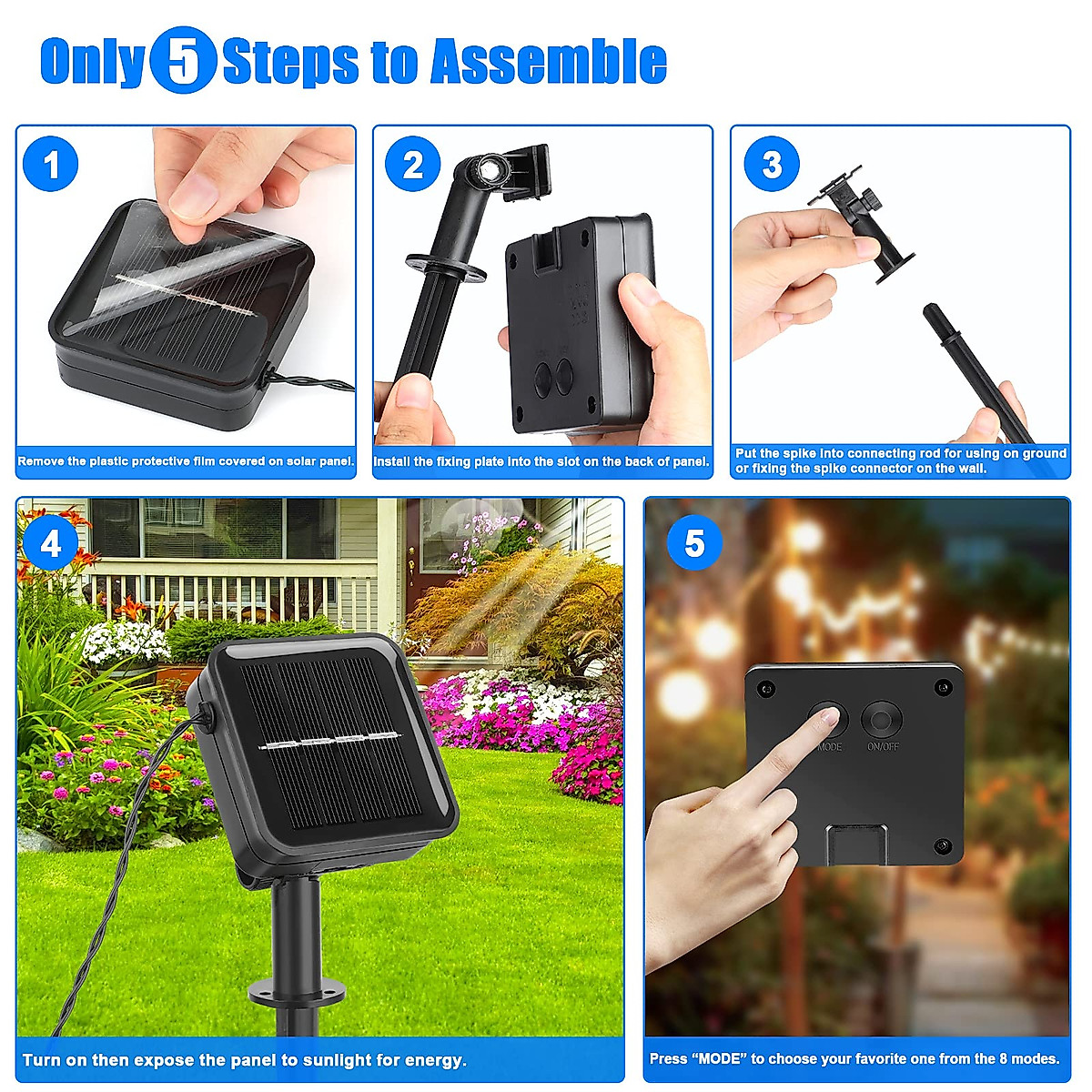 4-Pack 128FT 240 LED Solar String Lights Outdoor, Waterproof Crystal Globe Fairy Light Strings, Daylight White Shatterproof Patio Lights, 8 Lighting Modes Hanging String Lights for Porch Garden Party