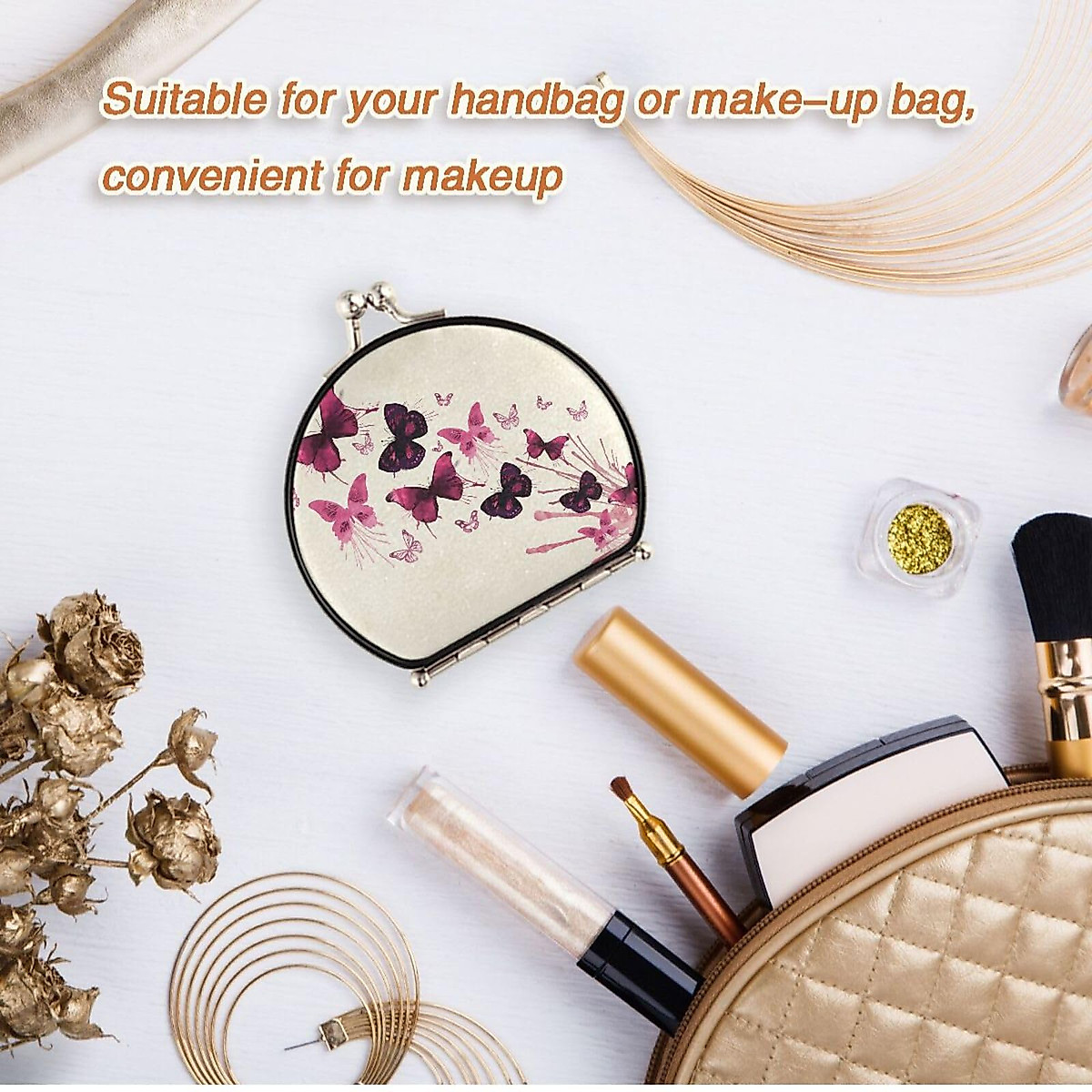 Tatenale Mirror for Women Purse Portable Makeup Mirror Pocket Small Hand Mirror Travel Carry ON Fold Mirror Round Butterflies Pink