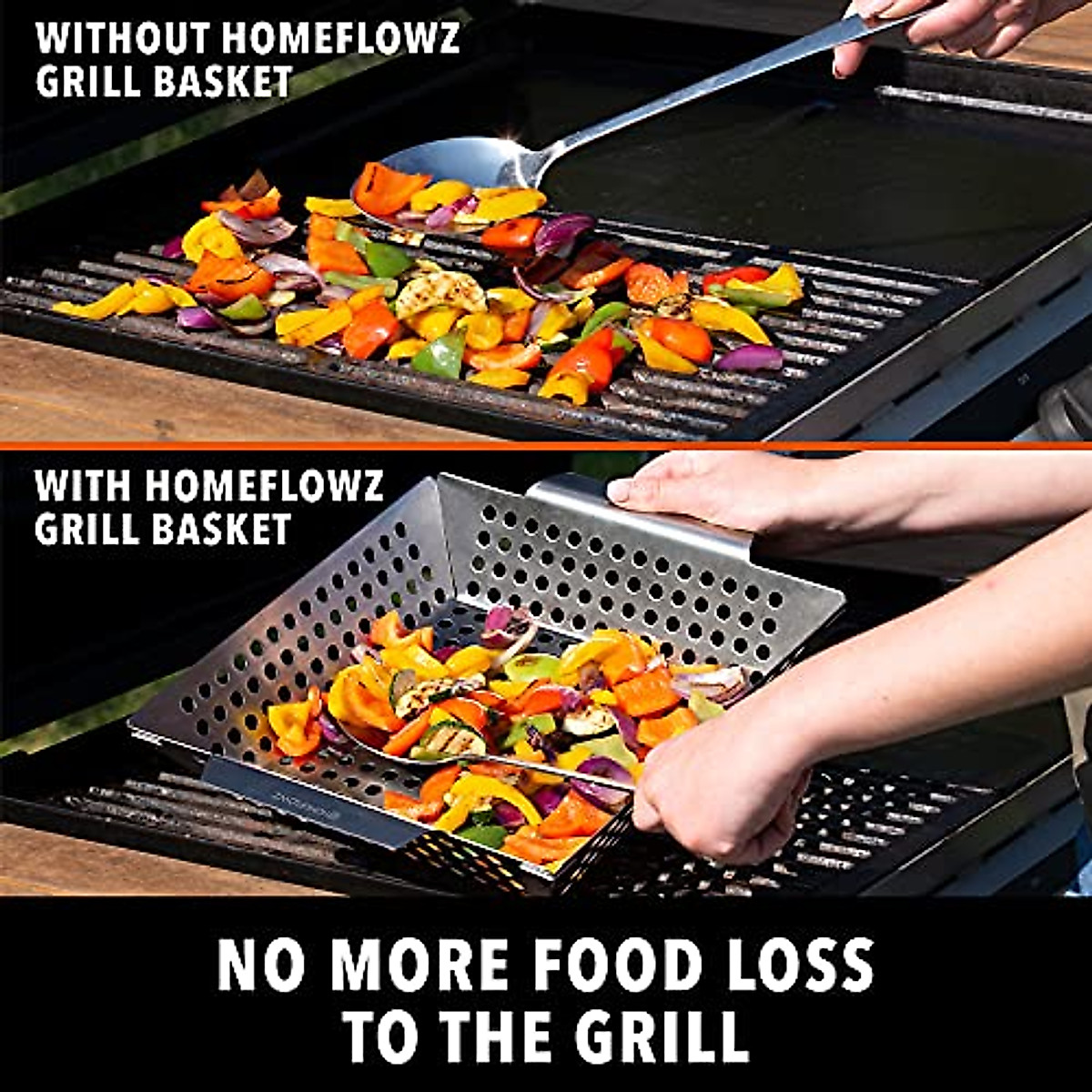 Homeflowz Heavy Duty Grill Basket – Large Vegetable Grill Basket for more Veggies - Stainless Steel Grilling Basket - Grill Baskets for Outdoor Grill -Perfect BBQ Basket for All Grills and Vegetable