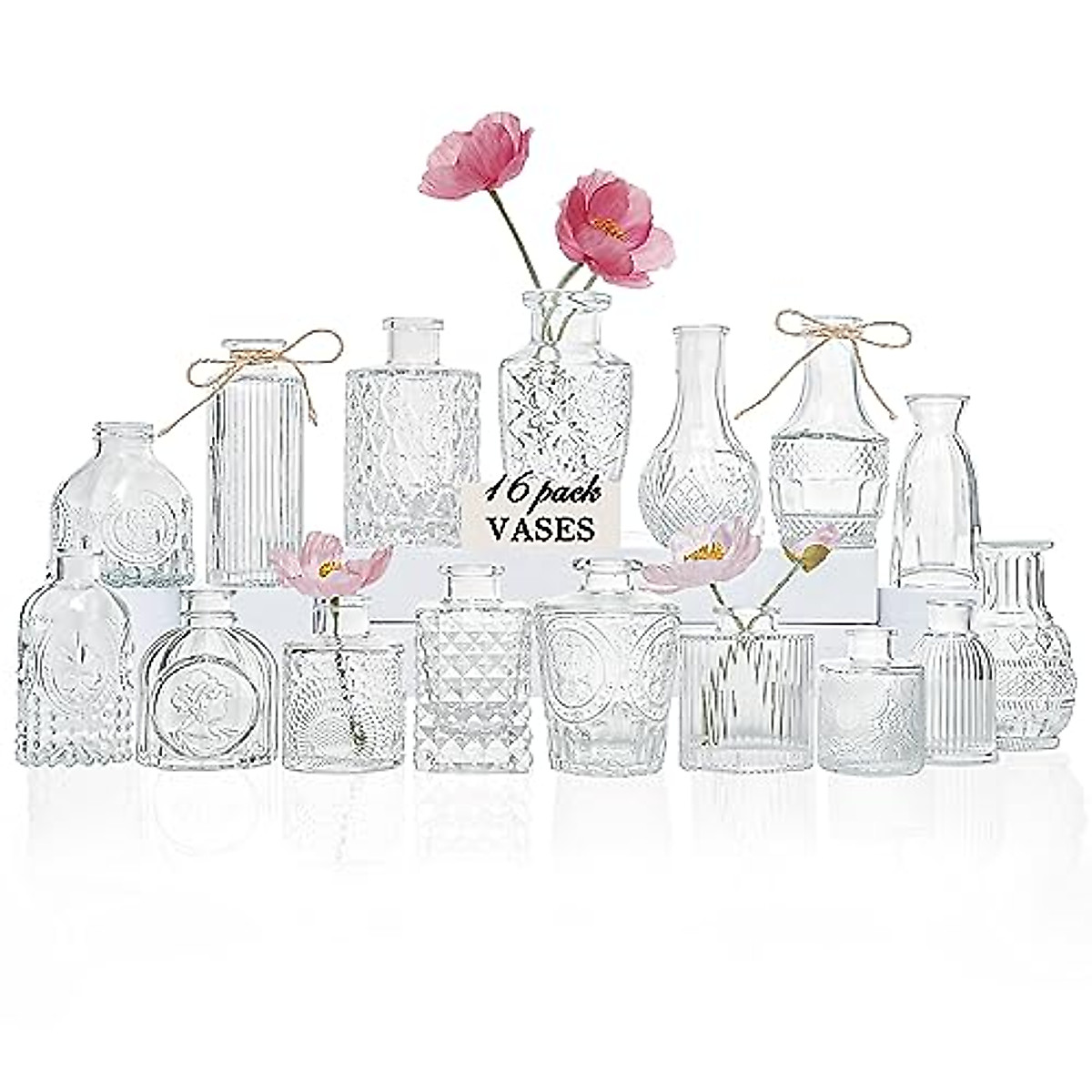 Glass Bud Vases Set of 16 Pcs, Small Bud Vases in Bulk, Christmas Decoration Vases for Centerpieces, Clear Bud Vases for Rustic Wedding Centerpieces, Home Table Flower Decor