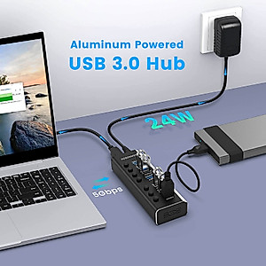 USB Hub 3.0 Powered Rosonway Aluminum 7 Ports USB 3.0 Data Hub Splitter with 24W (12V/2A) Power Adapter and Individual On/Off Switches USB Port Expander for PC and Laptop (RSH-A37S)