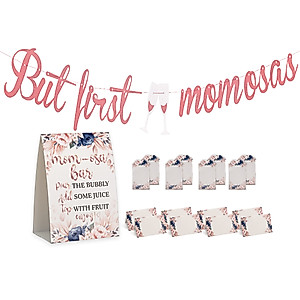 Momosa Bar Decorations – Gold Foil Banner Tags Kit, Momosa Bar Sign, 8 Bottle Tags, 8 Table Cards – Bridal Shower Bubbly Bar Champagne Baby Shower Wedding Birthday Party/mo030A