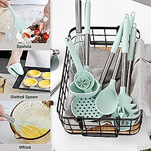 NCUE Cooking Utensils Set, 28 Pcs Silicone Kitchen Utensils Set with Holder, Silicone Whisk, Spatulas, Scissors, Measuring Cups and Spoons Set with Stainless Steel Handle Kitchen Gadgets (Light Green)