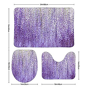 Habilboi Bath Mat Set 3 Pieces Bathroom Mat Field of Floral Spring Purple Flowers 16x24inch Non-Slip Bathroom Decor Doormat Runner Rugs, U-Shaped Toilet Floor Mats, Toilet Seat Cover