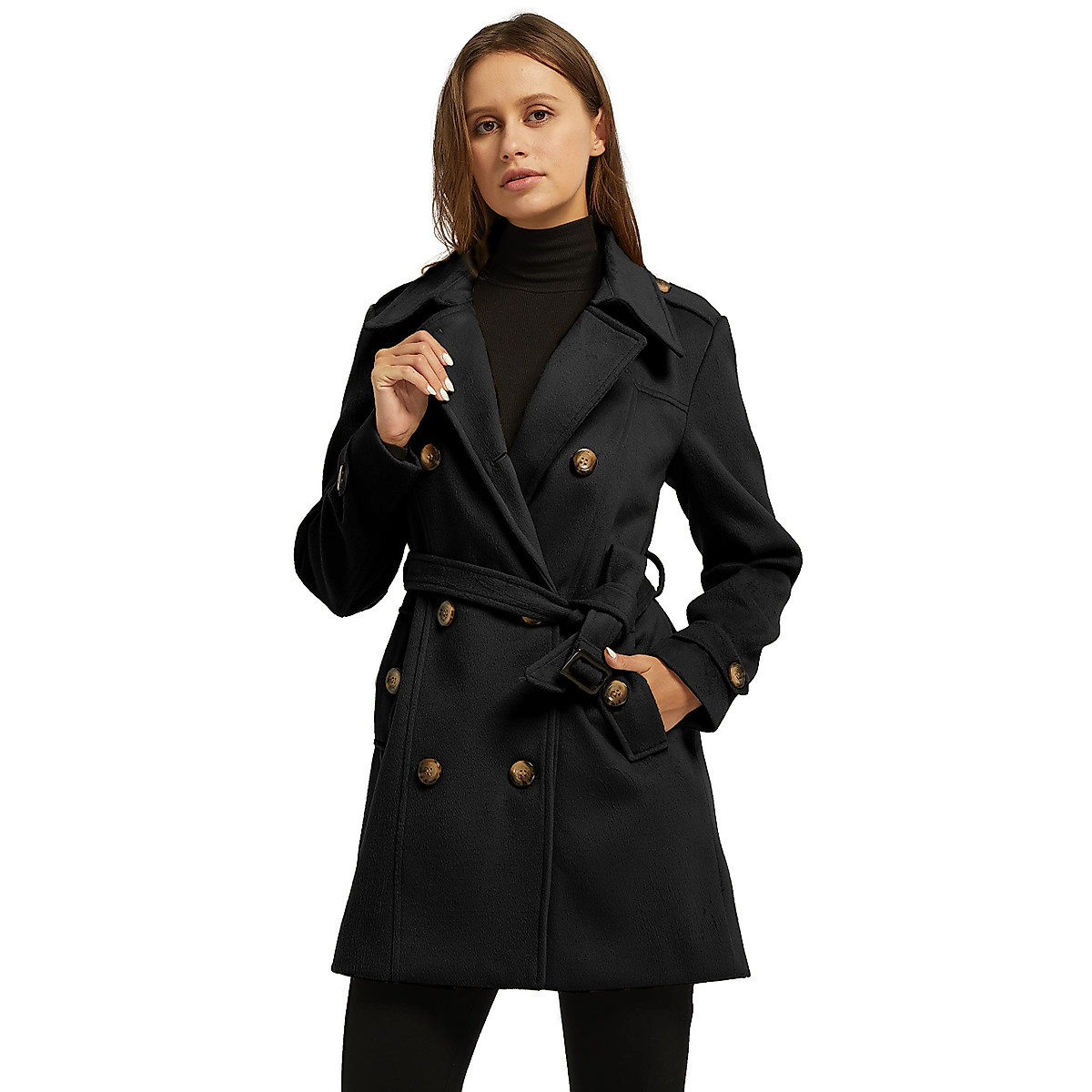 wantdo Women's Plus Size Double-Breasted Slim Solid Pea Coats with Belt Black XL